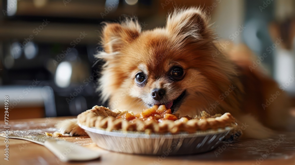joyful Pomeranian savoring a delicious apple pie, highlighting the dog ...