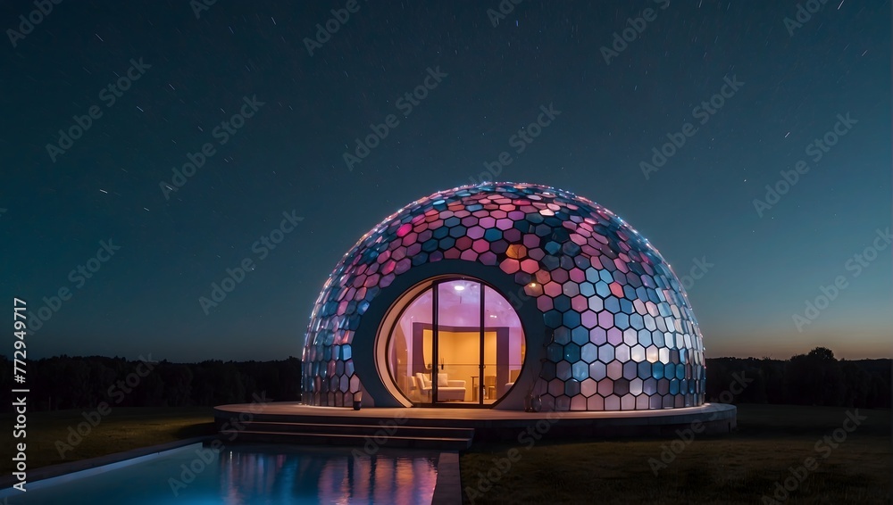 A futuristic dome-shaped house, illuminated by LED panels that change ...