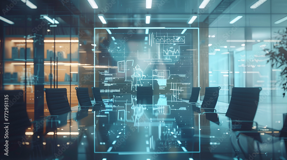 Boardroom meeting with futuristic holographic projections ,Double exposure of abstract virtual ...