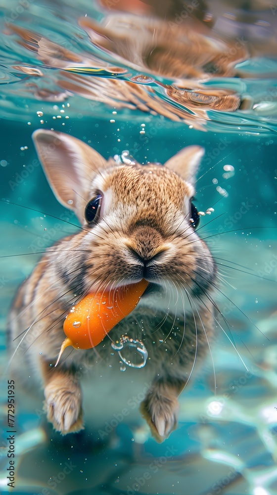 In an underwater scene filled with whimsy, a fluffy rabbit happily ...