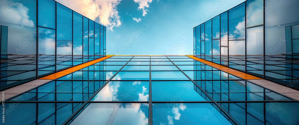 Dancing skies. A vivid blue sky with fluffy white clouds is reflected ...