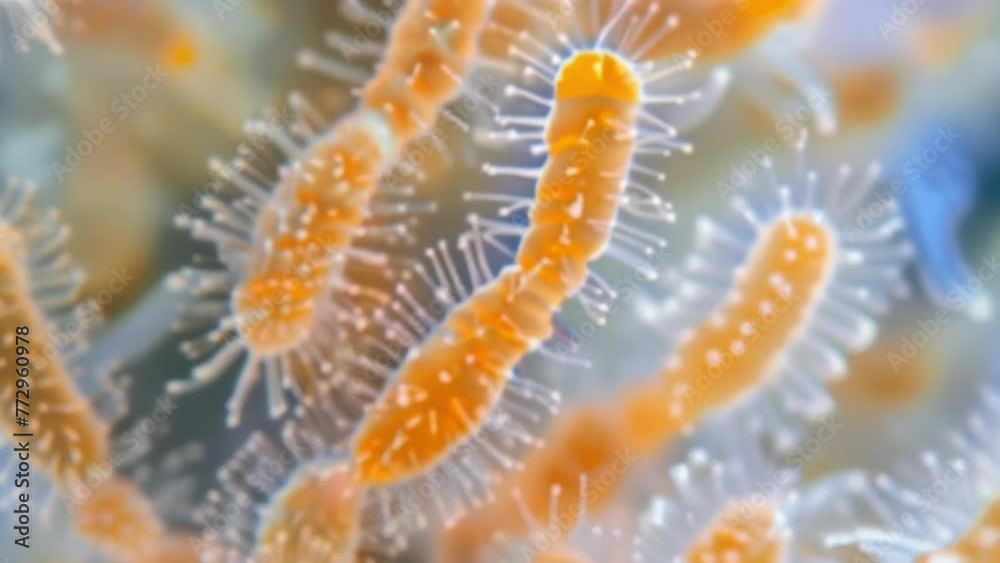 Highly magnified image showing numerous conidia clumped together their ...