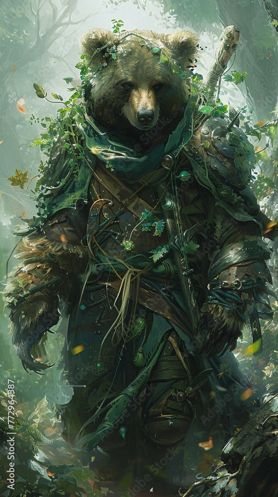 Druid transforming into a bear, defending a sacred grove from invaders ...