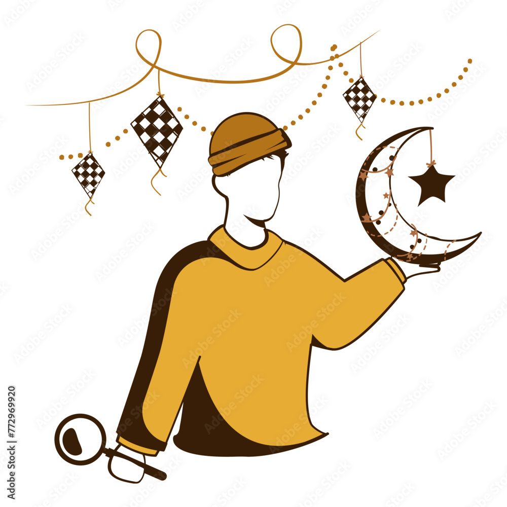 Muslim Boy holding Crescent Moon and Magnifier Glass concept, Symbolic ...