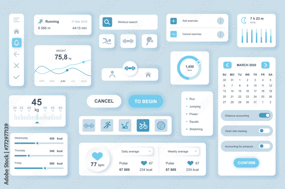 User interface elements set for Fitness mobile app or web. Kit template with HUD, sport activity ...