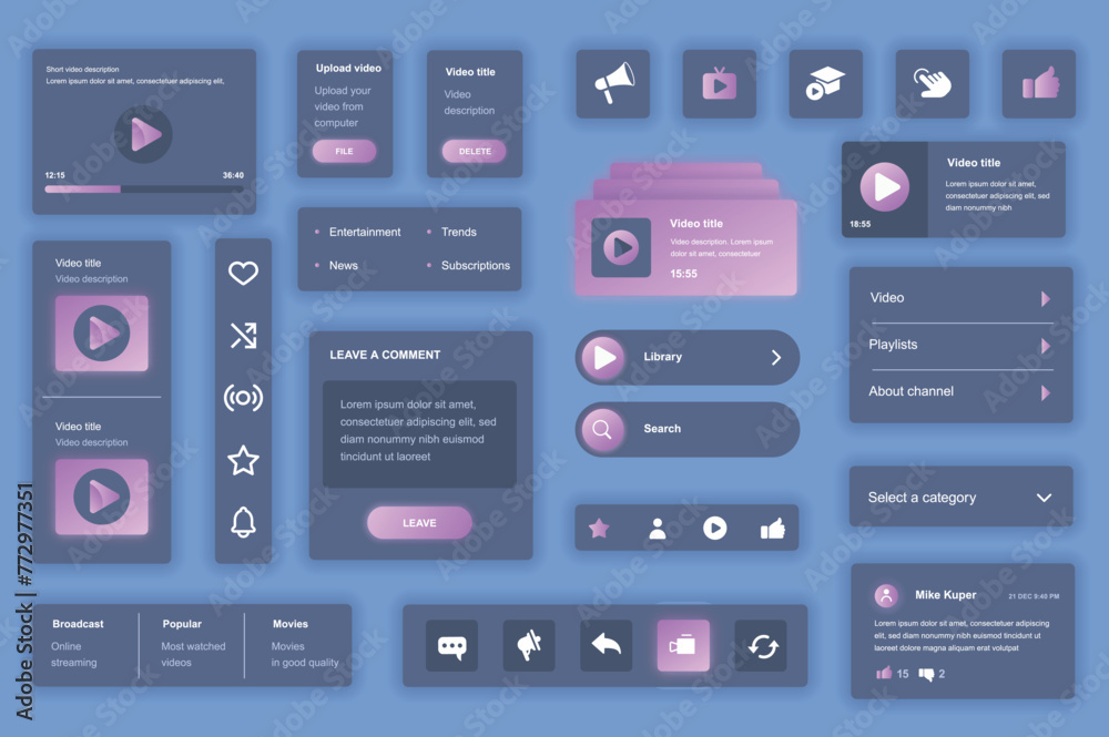User interface elements set for Video tube mobile app or web. Kit template with HUD, player ...
