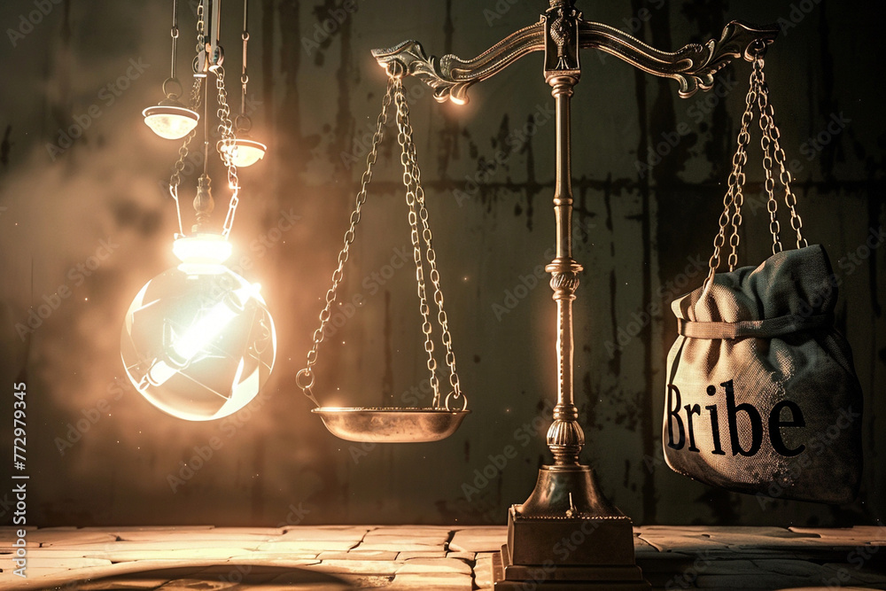 A starkly lit scene with a classic scale of justice, one side weighted ...