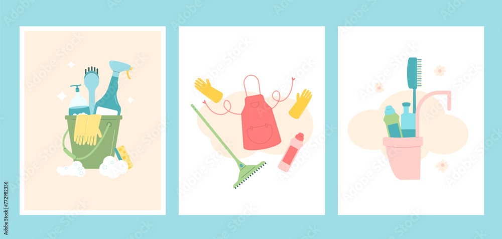 Spring cleaning poster set. Bucket, apron gloves and mop spray various ...
