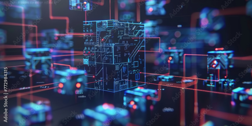 A computer generated image of a network of blue and red boxes. The ...