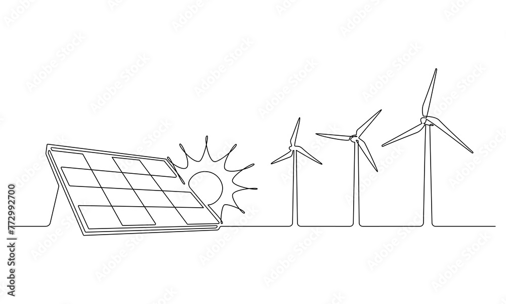Wind farm turbine, solar panel with sun continuous one line icon ...
