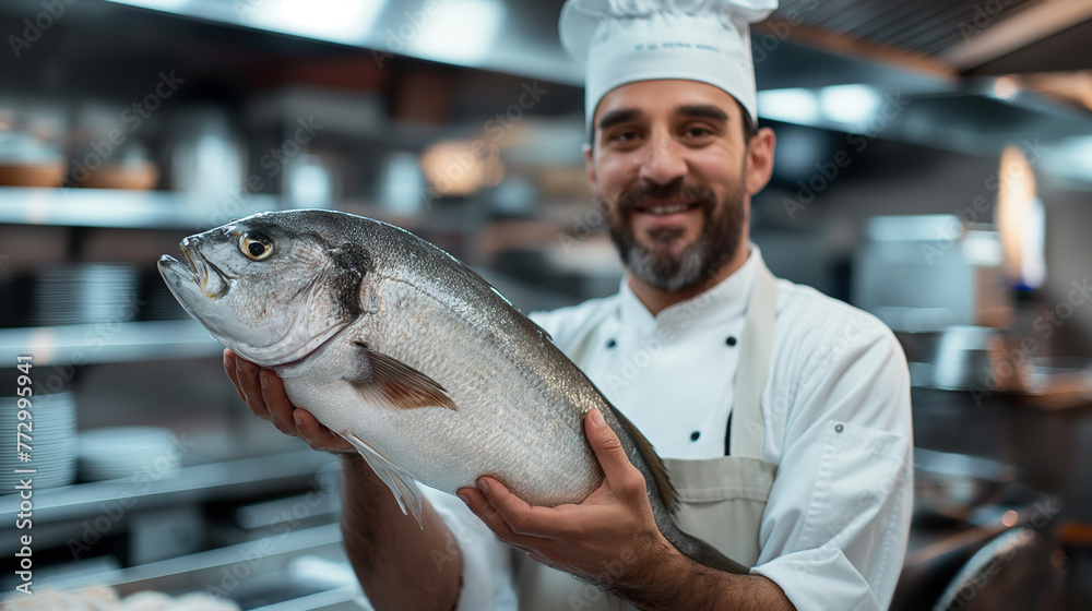 Proud chef with fresh fish, donning toque and apron, in high cuisine ...