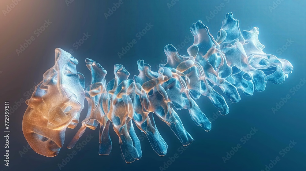 Translucent bone anatomy in CT scan, oblique angle, vivid detail ...