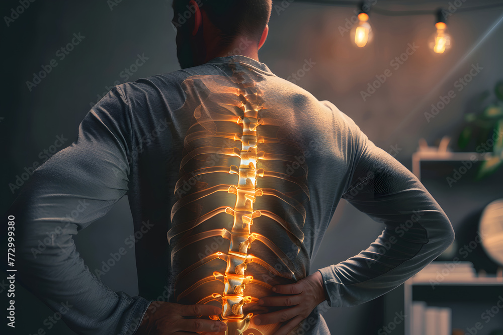 Back pain visualized in augmented reality, old man suffering from ...