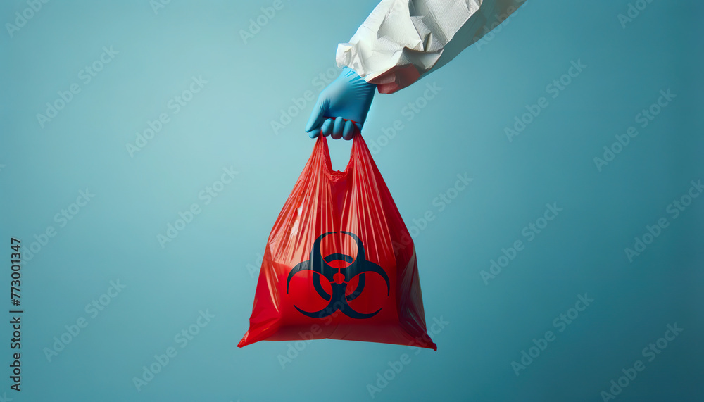 A red biohazard refuse bag is used to safely contain and dispose of ...