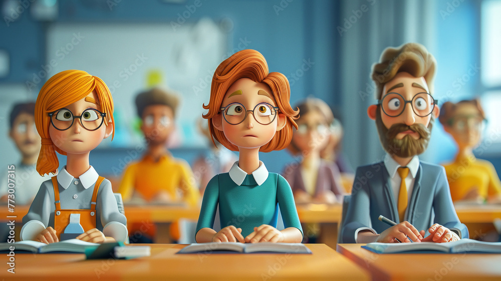 3D animated scene of a classroom debate, with students actively ...