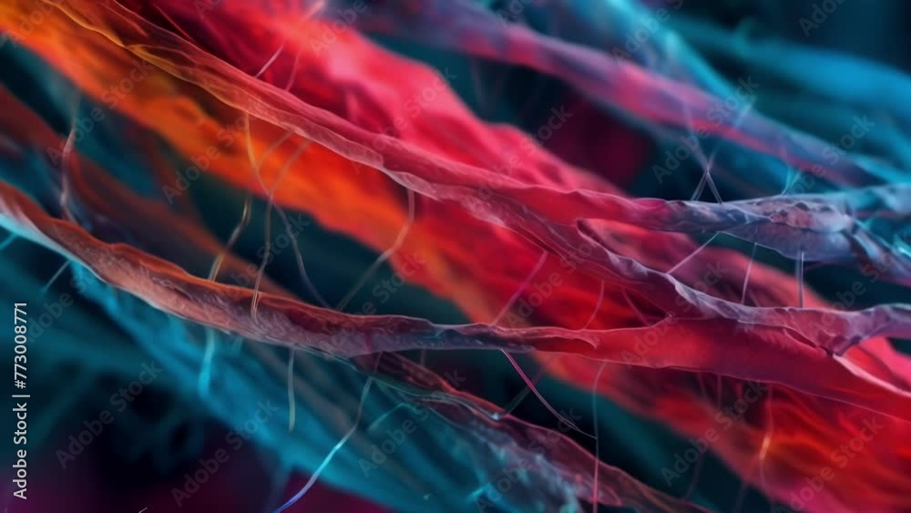 A microscopic view of muscle fibers twisting and intertwining providing ...