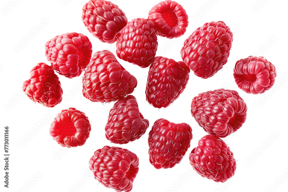 Falling fresh raspberries in motion, png isolated on transparent ...