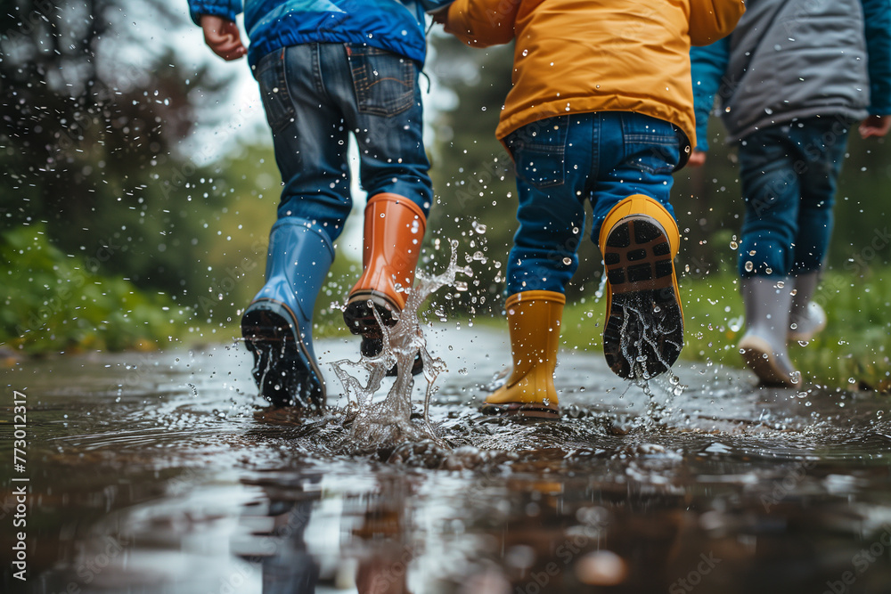 Parents and children jumping in puddles after a rainstorm, splashing and laughing together in ...