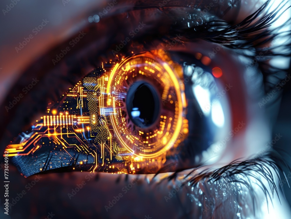 Eye with a nano-tech contact lens, designed for enhanced vision and ...