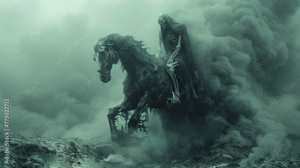 Death riding a horse in a dark mist Stock Illustration | Adobe Stock
