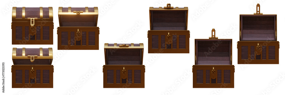 Open old wooden treasure chest box gold metal edge closed to open and ...