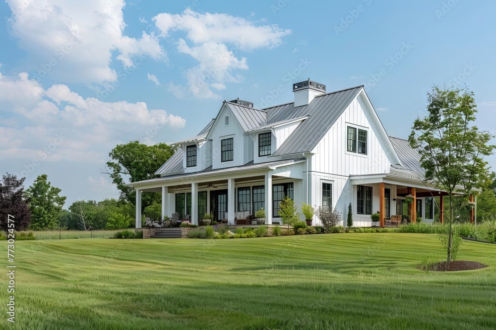 Modern Farmhouse Home Architecture with Gabled Roof and Board and ...
