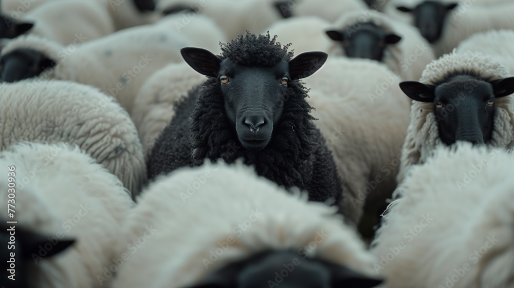 A black sheep among a flock of white sheep, raising head as a leader ...