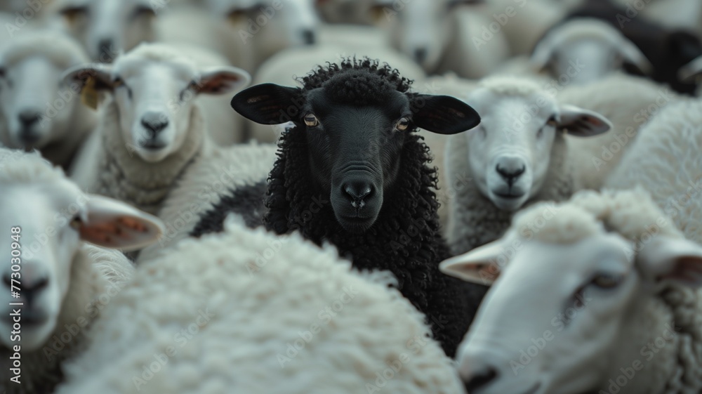 A black sheep among a flock of white sheep, raising head as a leader ...