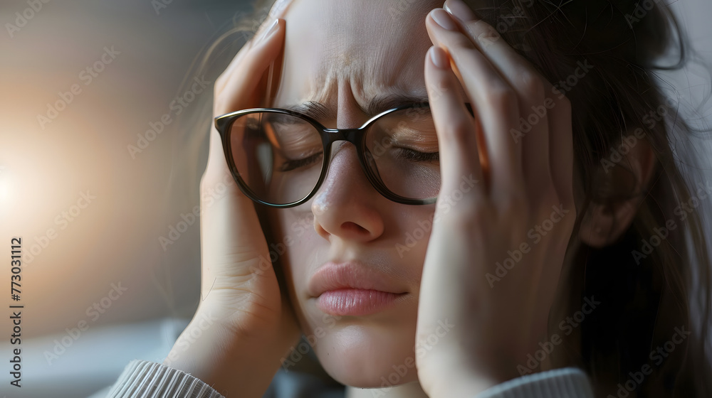 Close up exhausted woman massaging eyelids, taking off glasses, tired ...