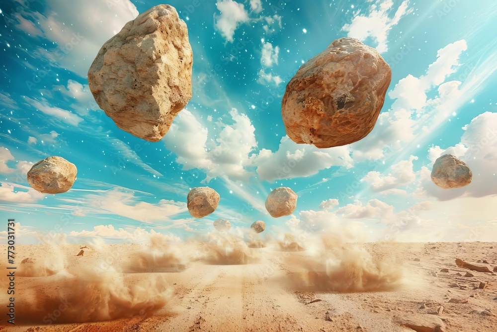 Surreal Desert Landscape with Floating Rocks, Distorted Perspective and ...