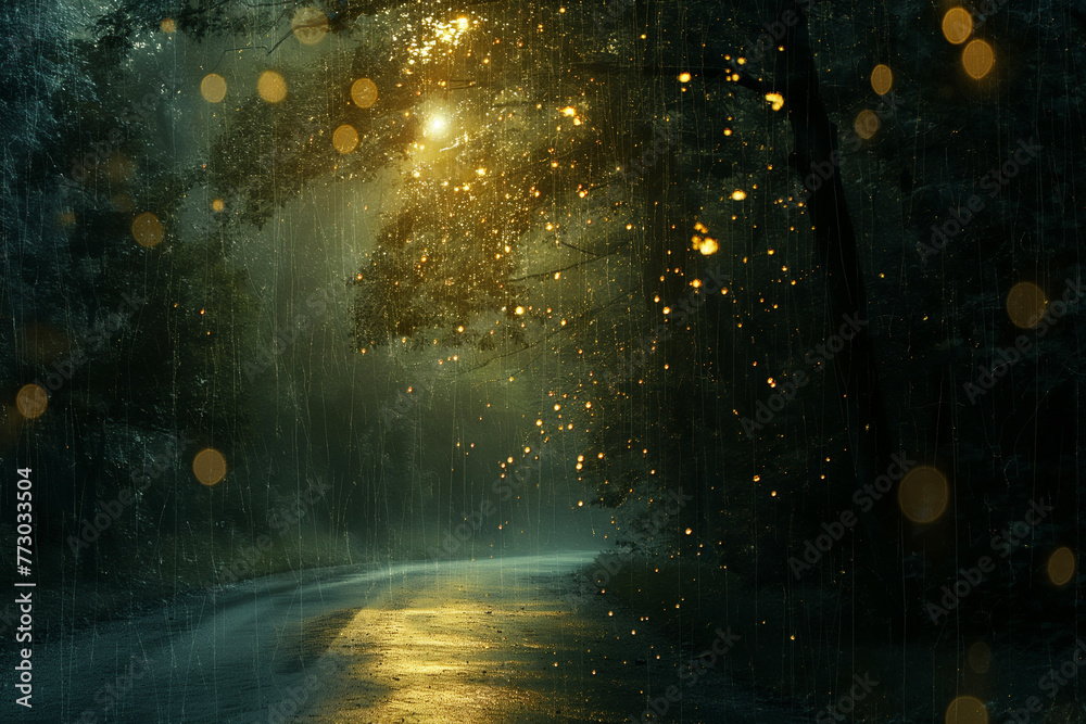 Rain falling in the forest seen through the window 窓越しから見える森林に降る雨 Stock ...