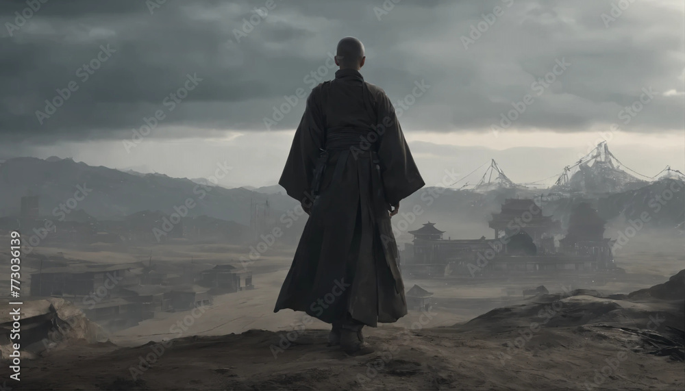 Buddhist monk stands in a post-apocalyptic wasteland. Illustration ...