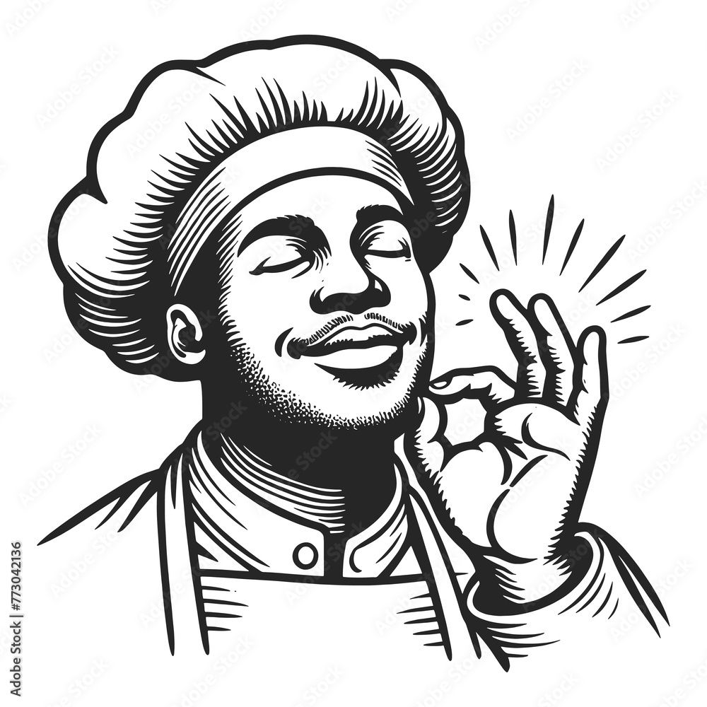 Smiling chef making perfect hand gesture well-executed dish culinary ...