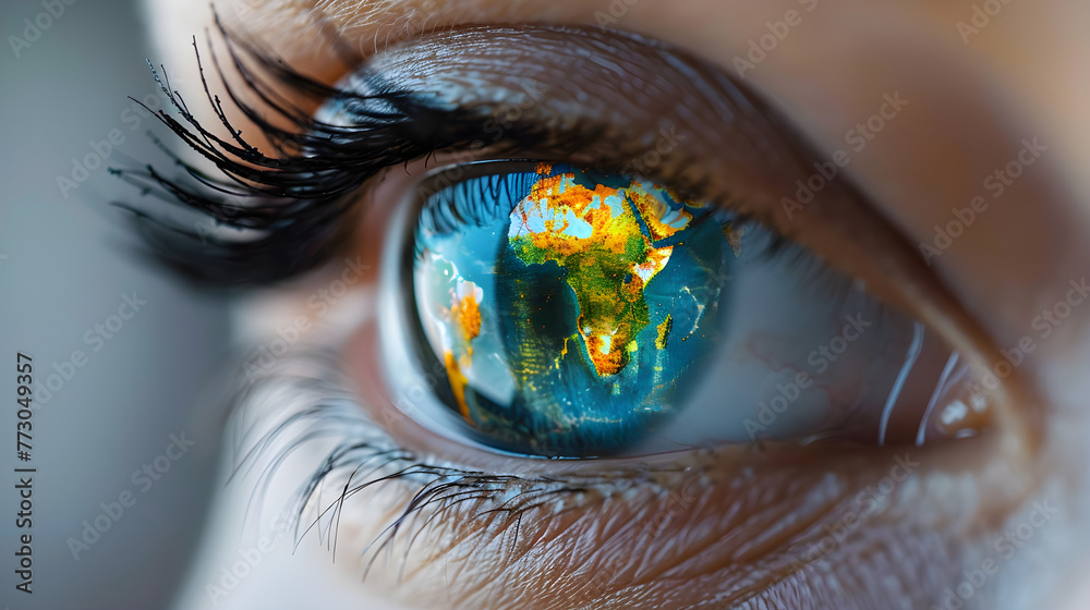 A human eye with a world map as the iris, symbolizing global vision and ...