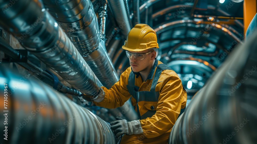 Focused Ventilation System Installer: Adjusting Pipes in Industrial ...