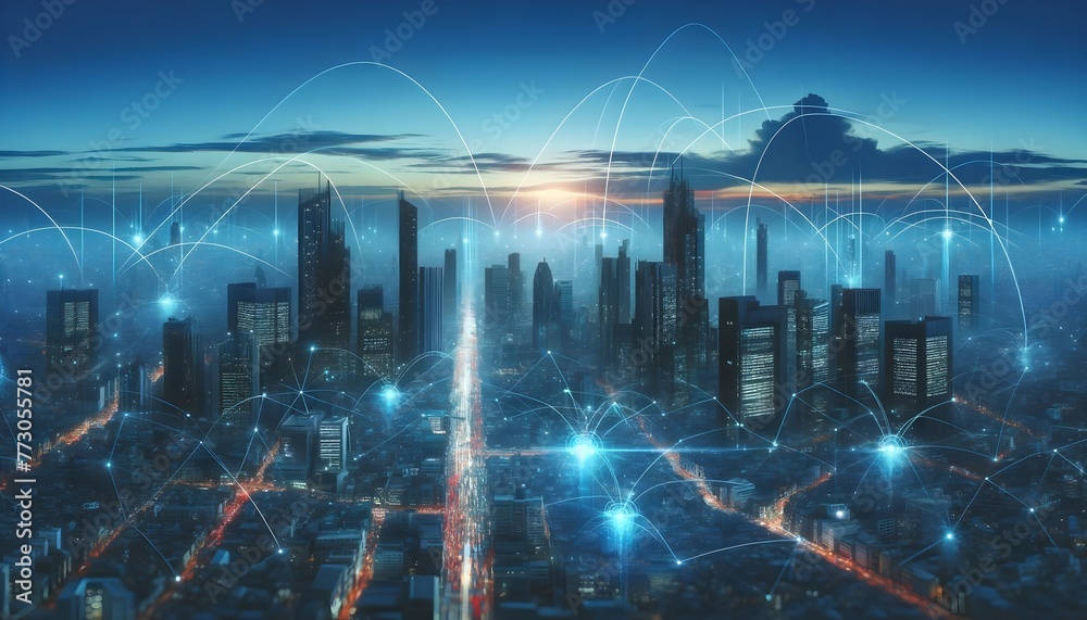 High speed internet, smart city skyline, 5G network, wireless ...