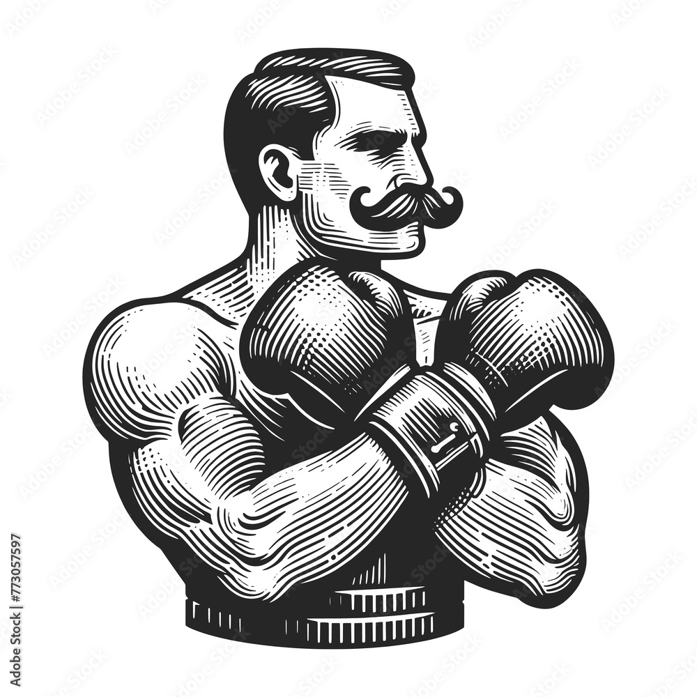 Old fashioned Vintage Boxer with Gloves gentleman man classic mustache ...
