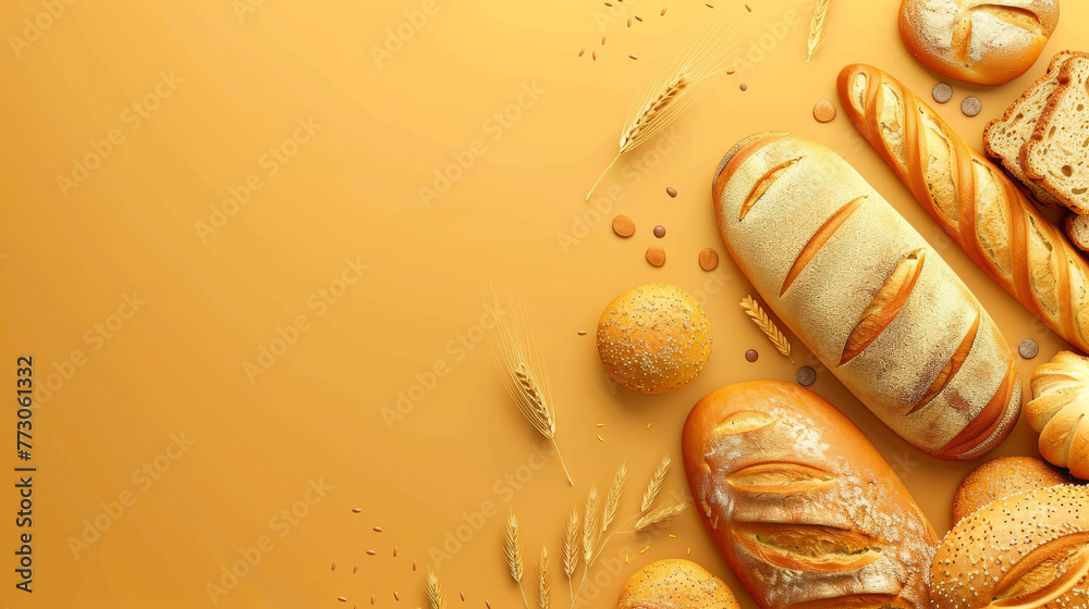 Artisan bread variety on a vivid yellow background, a feast of golden ...