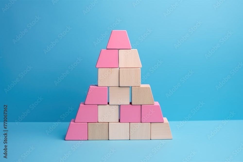 Balanced structure of pink and neutral wooden blocks on blue background ...