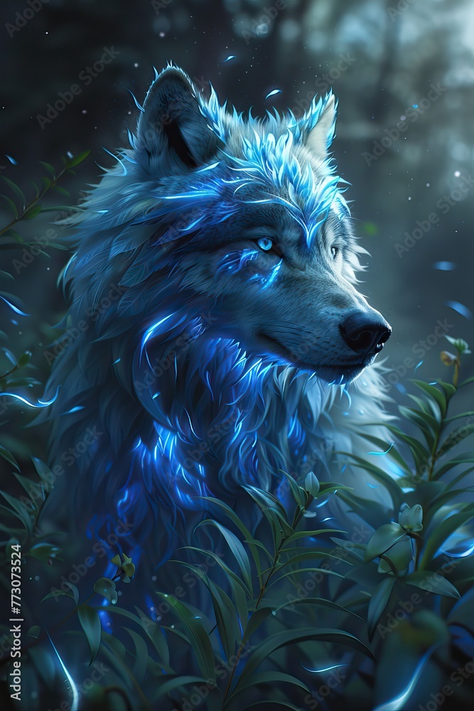 Blue glowing wolf in a mystical forest setting. Digital art animal ...