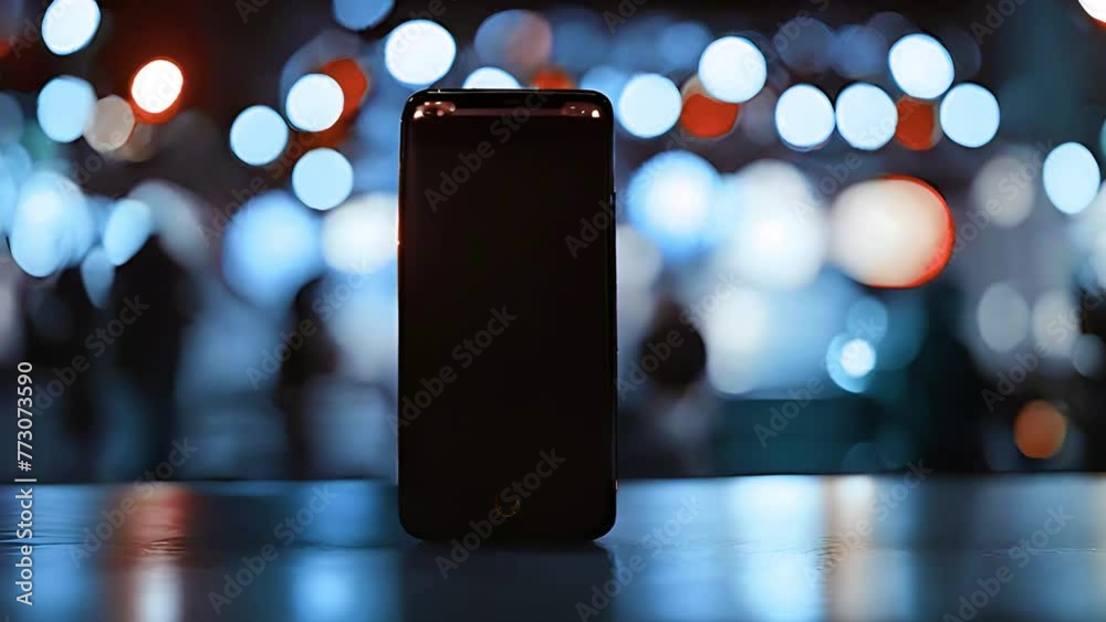 Smartphone with blank blurred mock up screen on night city lights ...