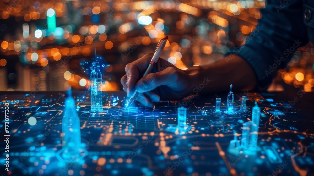 Architect drawing blueprints with future city and budget, night, top ...