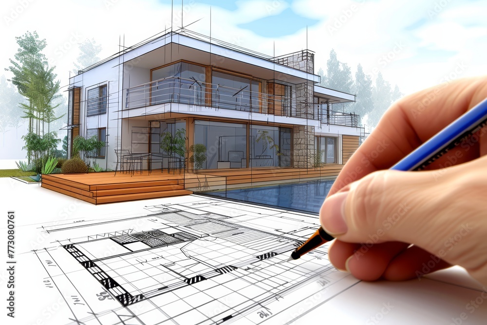 High resolution photo of an architect drawing blueprints for a modern ...