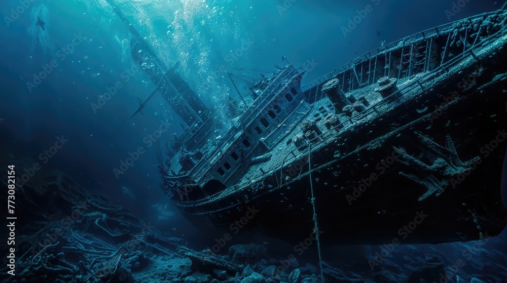 An underwater view of a shipwreck, with the ship lying on its side. The ...