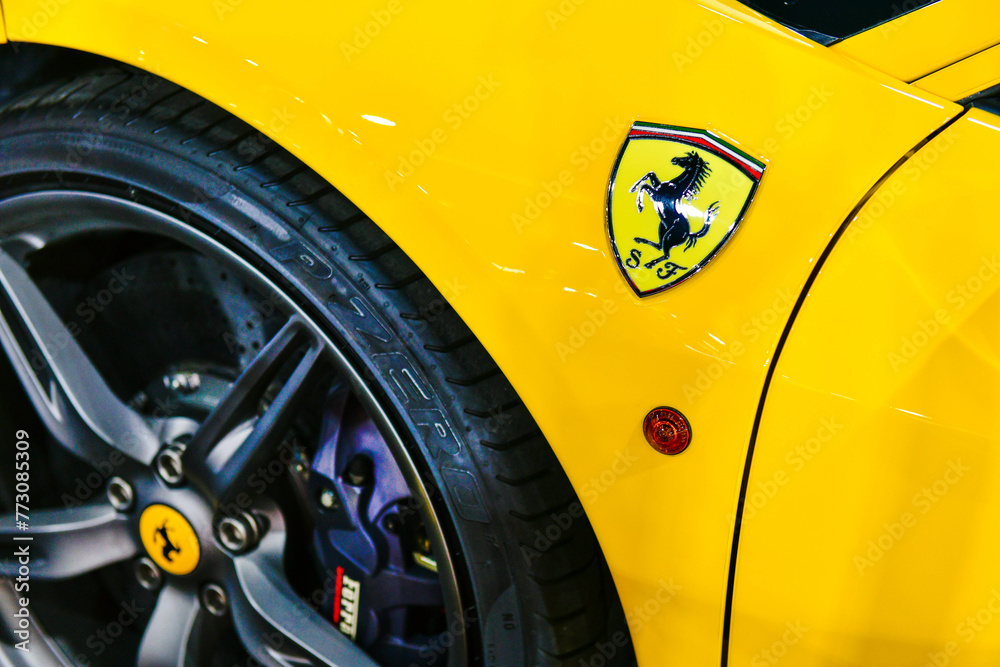 Thailand-March 27,2024: Logo of ferrari on the yellow super car. is an ...