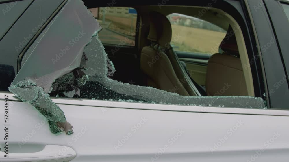 Close-up shot of car's broken glass scene of crime. Broken glass shards ...