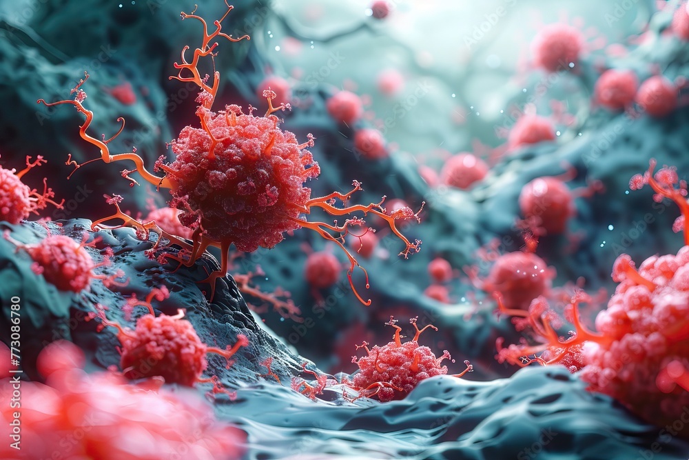 Microscopic view of red cancer cells on a textured surface. Detailed ...