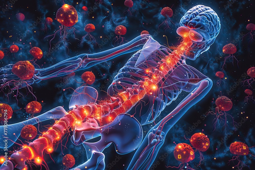 Digital illustration of the human nervous system and pain receptors in ...