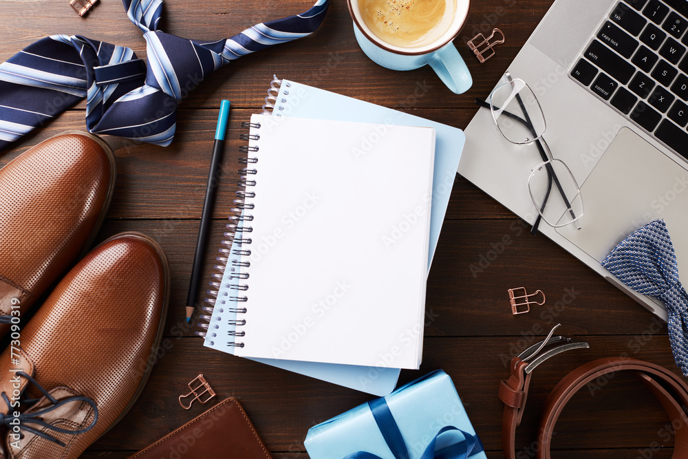 Professional dad's day: Overhead view of a desk arranged with Father's ...
