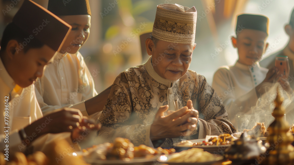 Muslim family with son and daughter at home during Eid Mubarak Hari ...